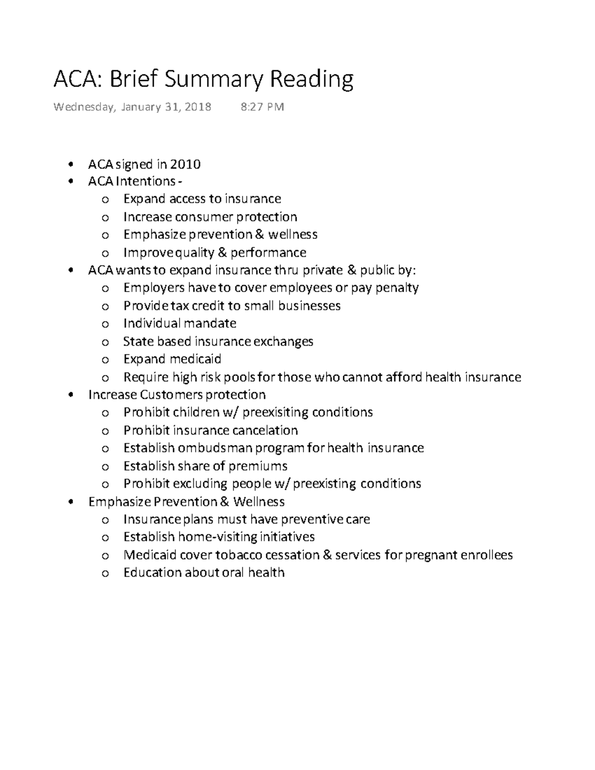 ACA Brief Summary Reading - Studocu