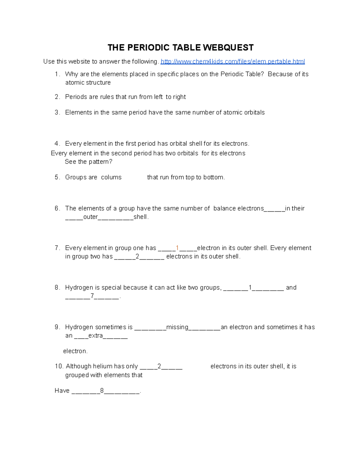THE Periodic Table Webquest - THE PERIODIC TABLE WEBQUEST Use this ...
