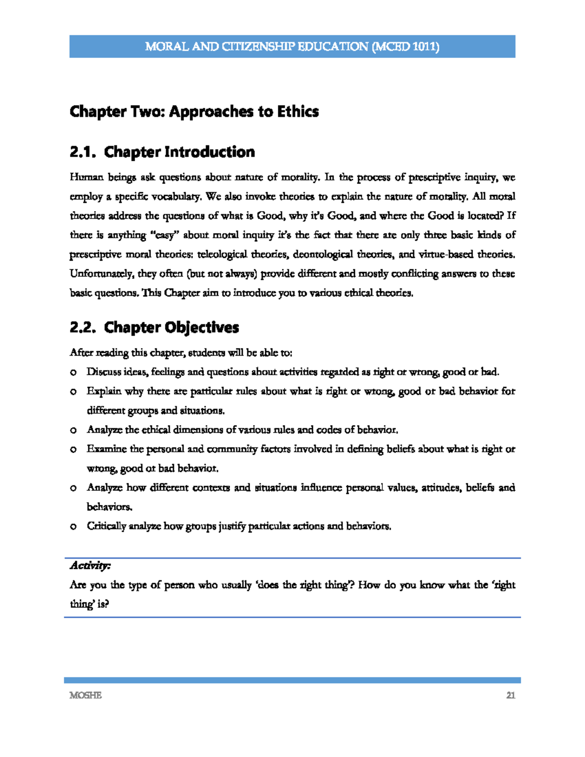 Chapter TWO Ethics - Moral and citizenship education - Studocu