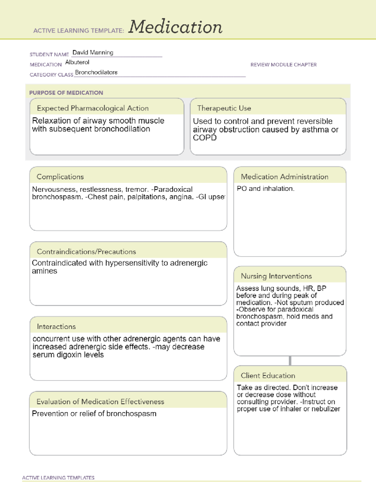 Albuterol - Drug information - NURSE 154 - Studocu