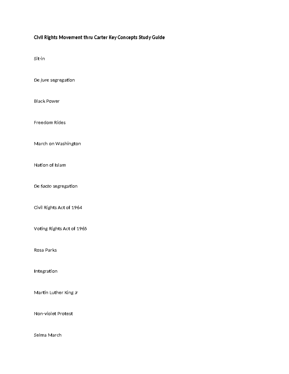 Civil Rights Era Key Concepts Study Guide - Civil Rights Movement thru ...