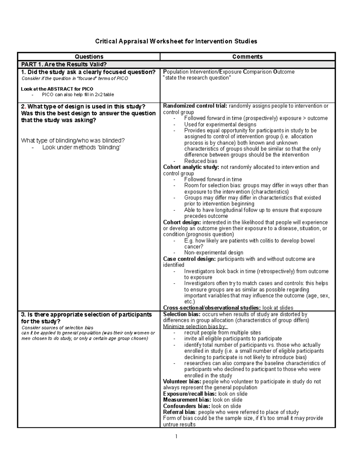 Appraisal Outline - Critical Appraisal Worksheet for Intervention ...