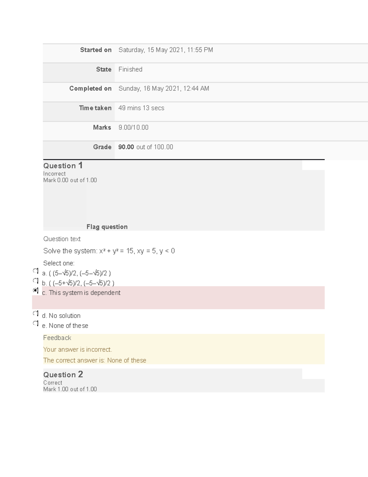 Week 6 Math 1201 Graded 6 - Started on Saturday, 15 May 2021, 11:55 PM ...