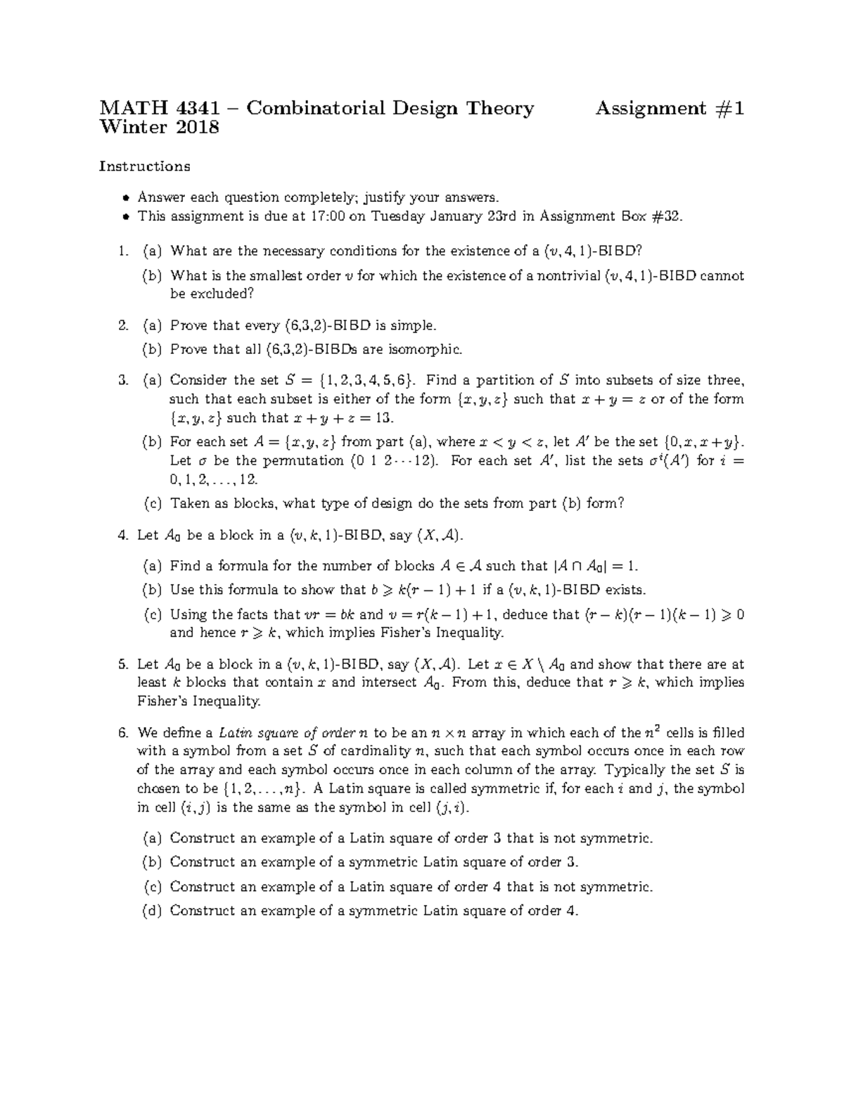 4341assn1 - 4341 assignment 1 - MATH 4341 – Combinatorial Design Theory ...