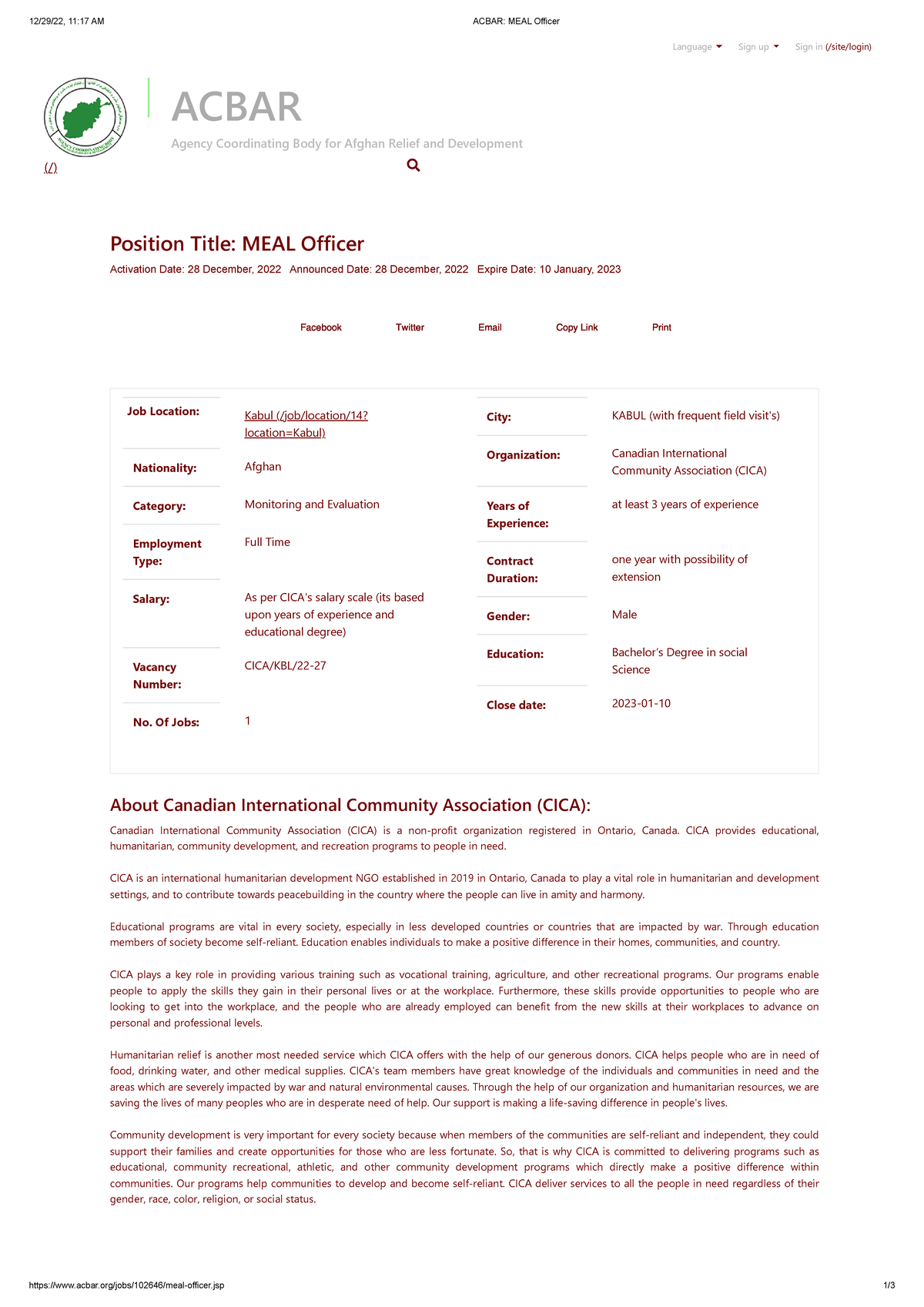 Acbar MEAL Officer - this inlude information related to Monitoring - 12 ...