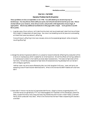 Genetics Problem Set Recitation Worksheet - BIOL 11100 - Studocu