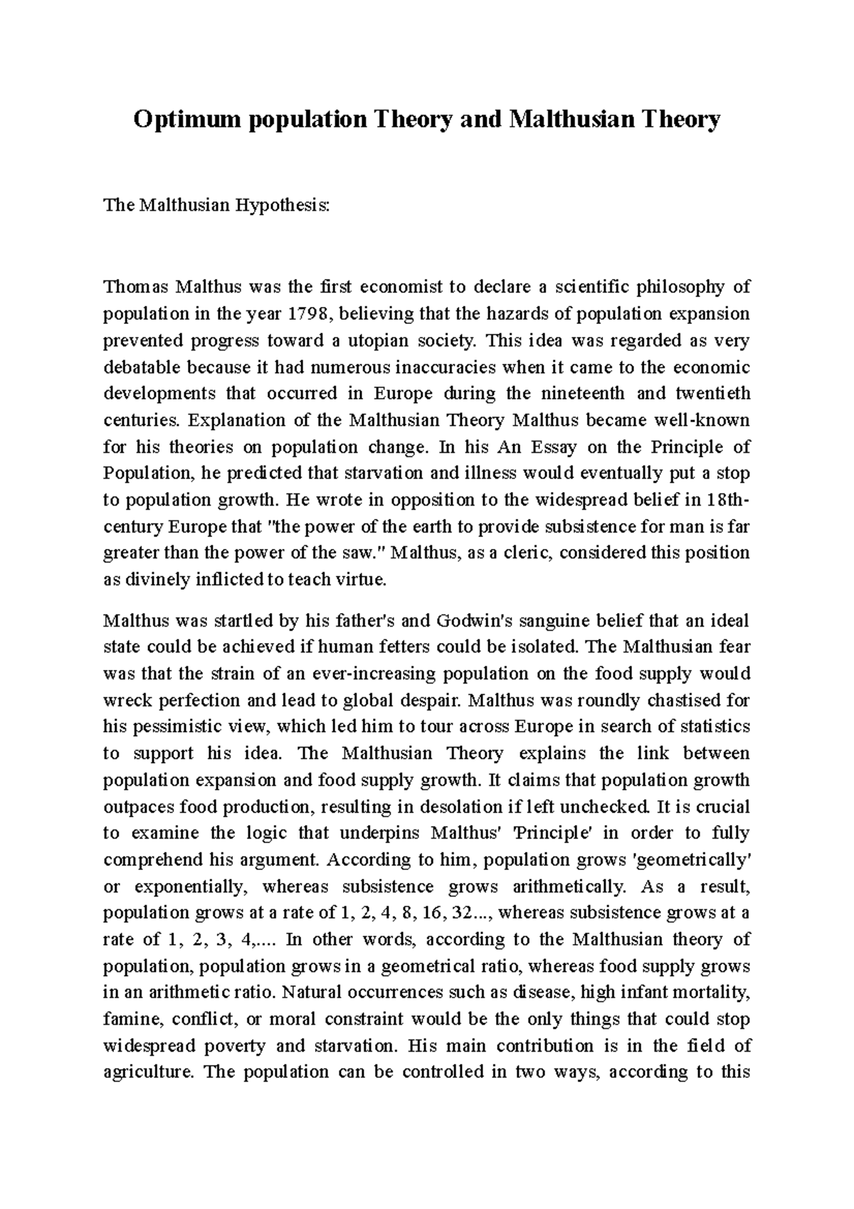 Optimum population Theory and Malthusian Theory - This idea was ...