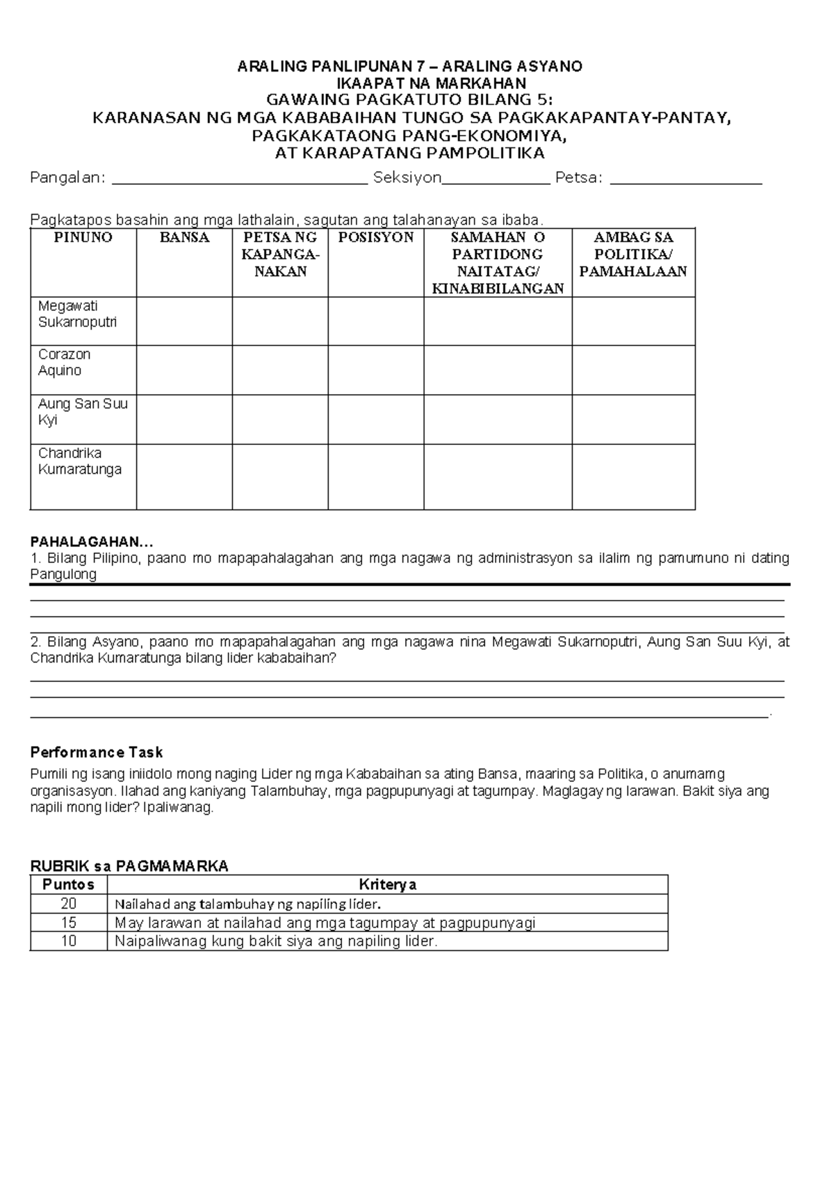 Answer Sheet Week 4 5 Ap 4th Kababaihan - ARALING PANLIPUNAN 7 ...