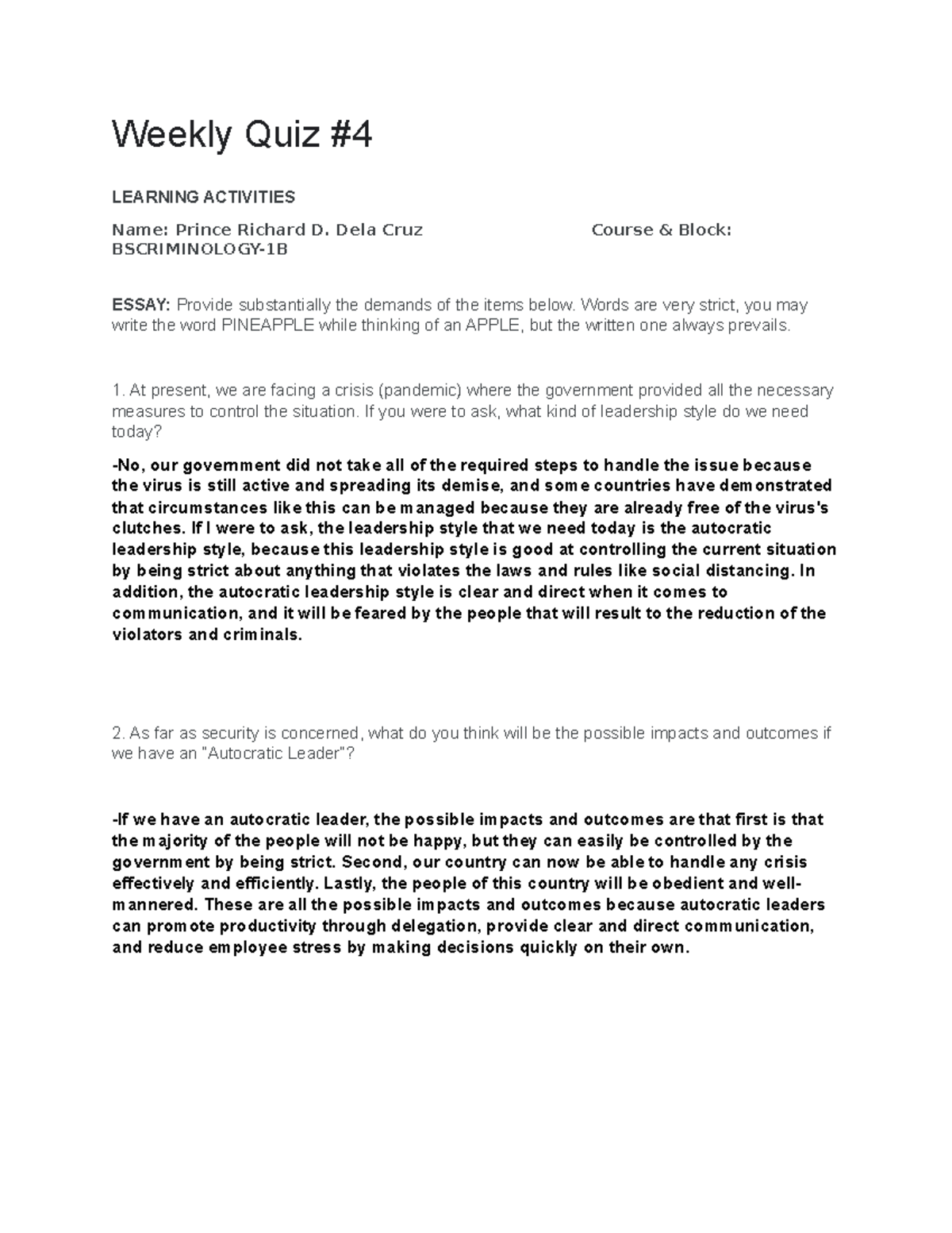 Prince-Weekly Quiz #4 - STS - Weekly Quiz LEARNING ACTIVITIES Name ...