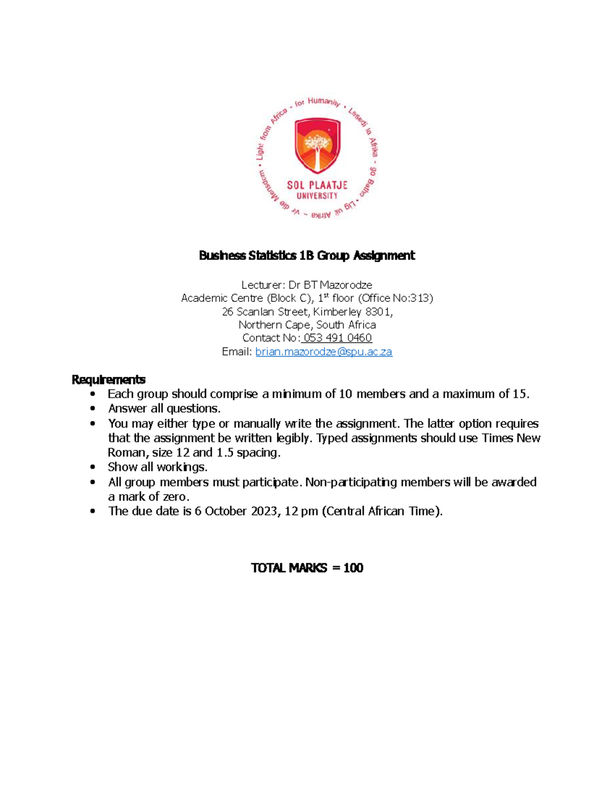 Business Statistics 1B Group Assignment - Business Statistics 1 B Group ...