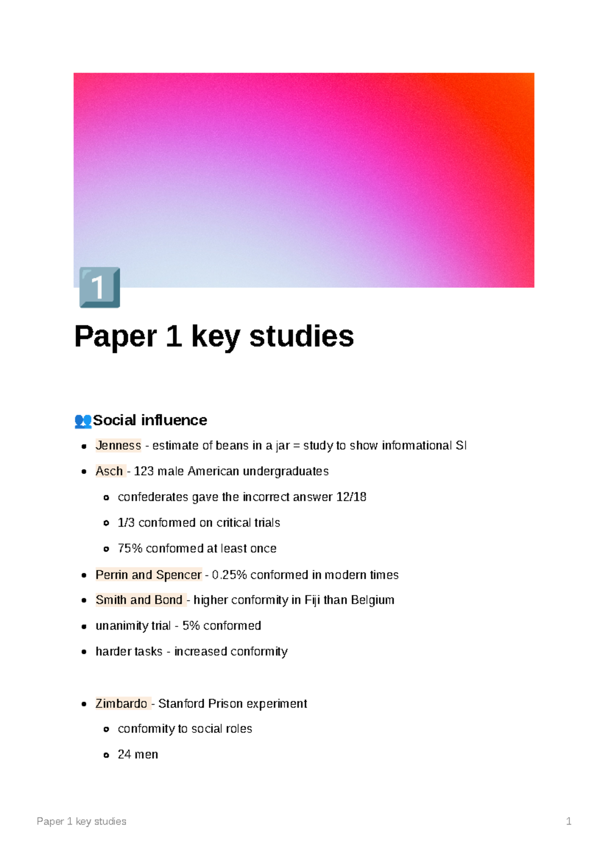 Paper 1 key studies notes - 󾠮 Paper 1 key studies 👥Social influence ...