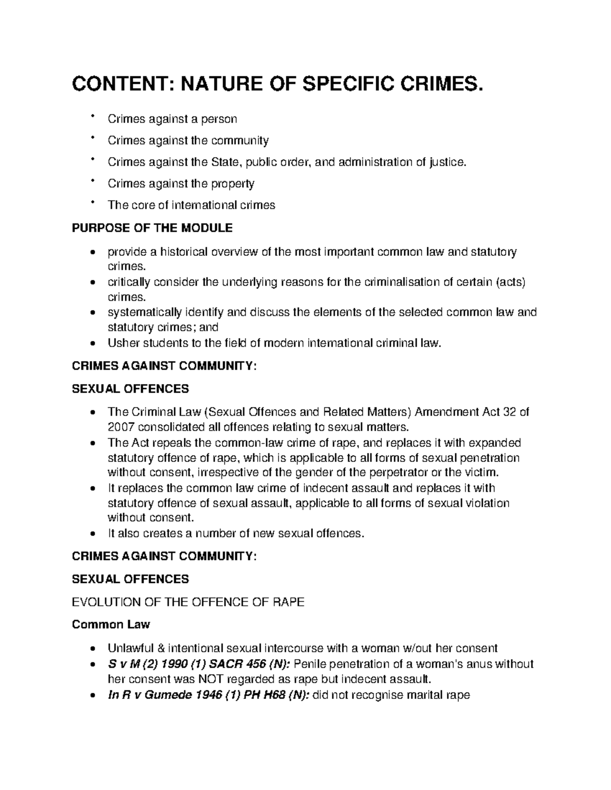 Specific crime - Summary notes - CONTENT: NATURE OF SPECIFIC CRIMES ...