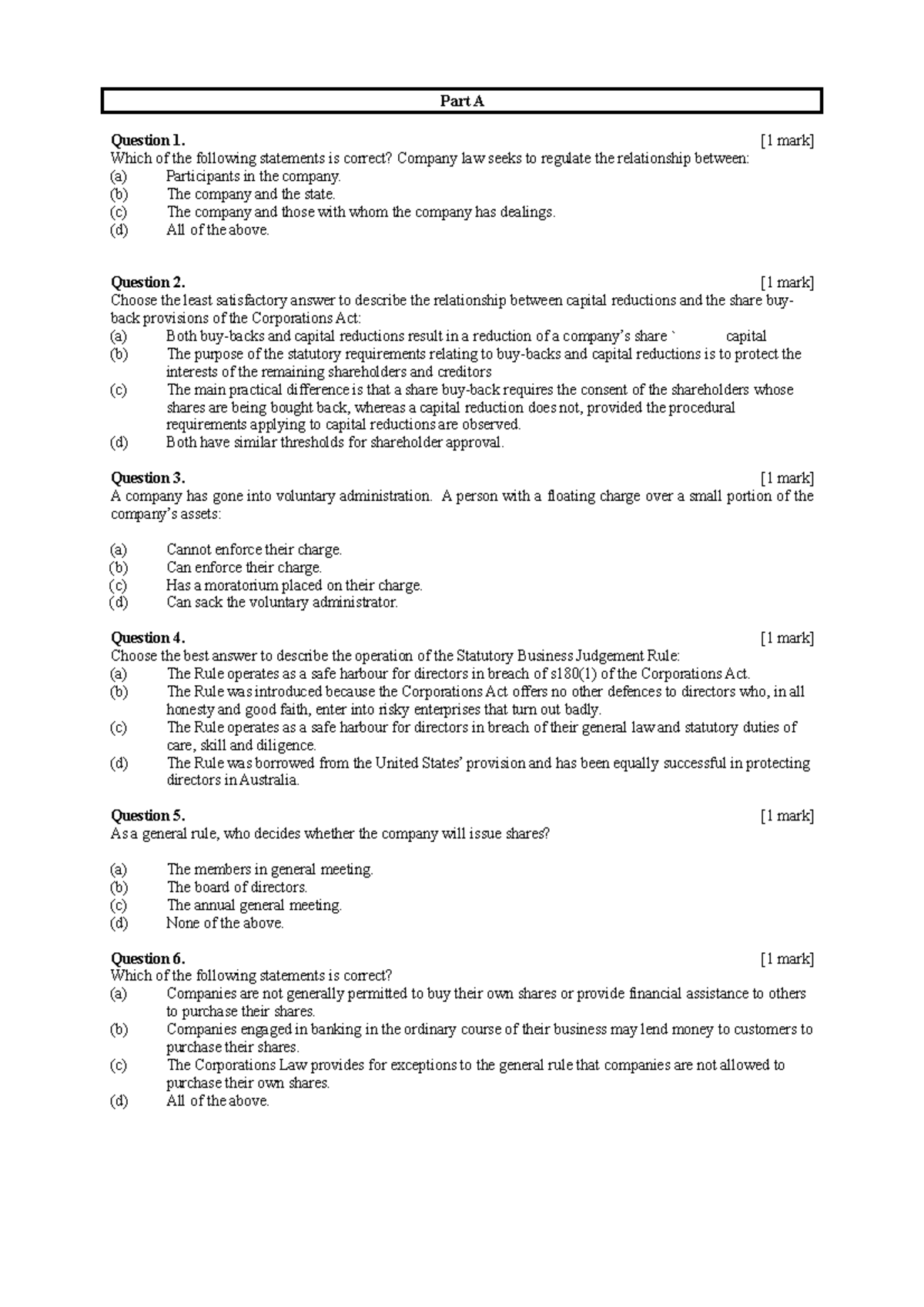 Sample/practice exam 2012, questions and answers - Part A Question 1 ...