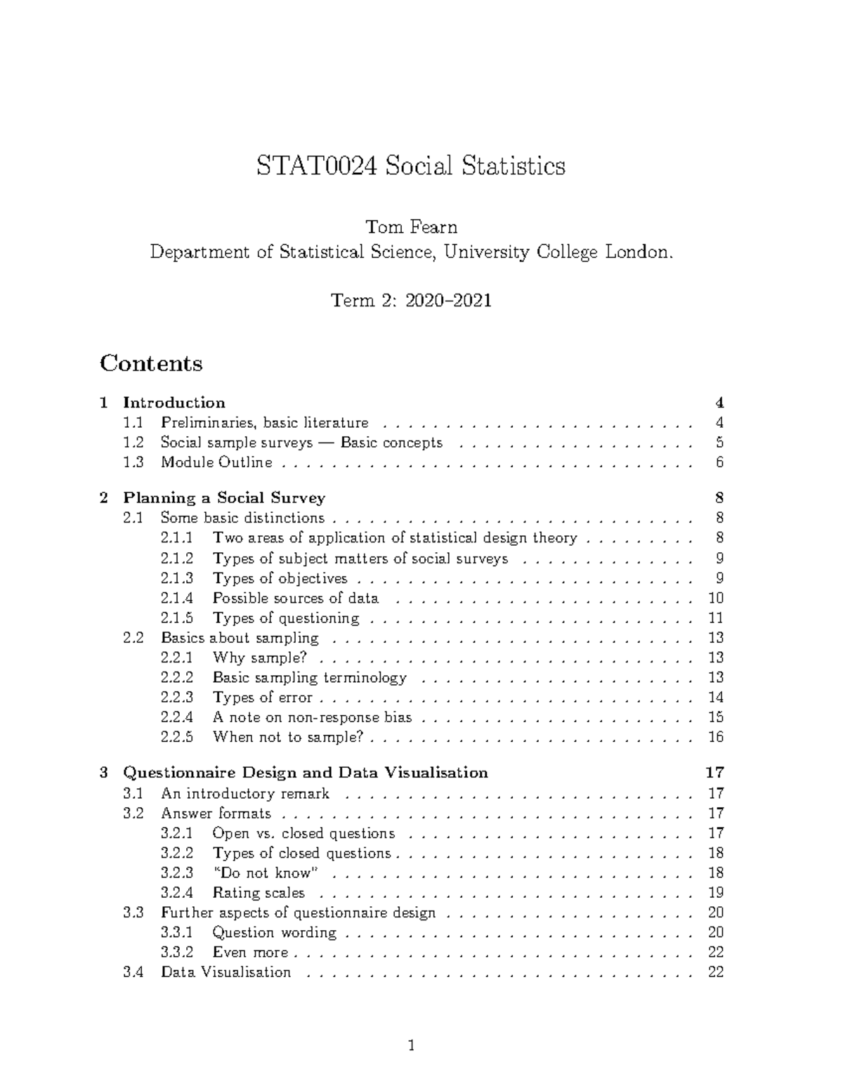0024 Notes - STAT0024 Social Statistics Tom Fearn - Term 2: 2020 ...