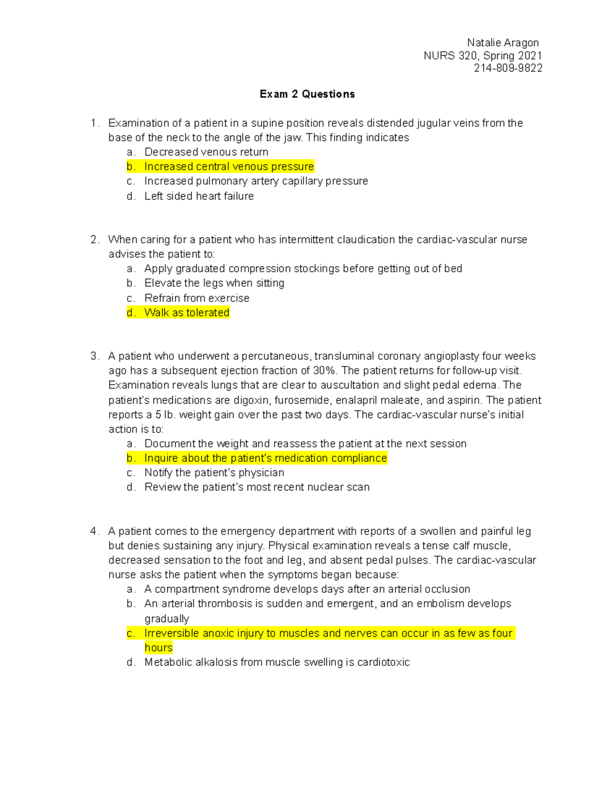 NURS 320 Exam 2 Practice Questions - Blank - NURS 320, Spring 2021 214 ...