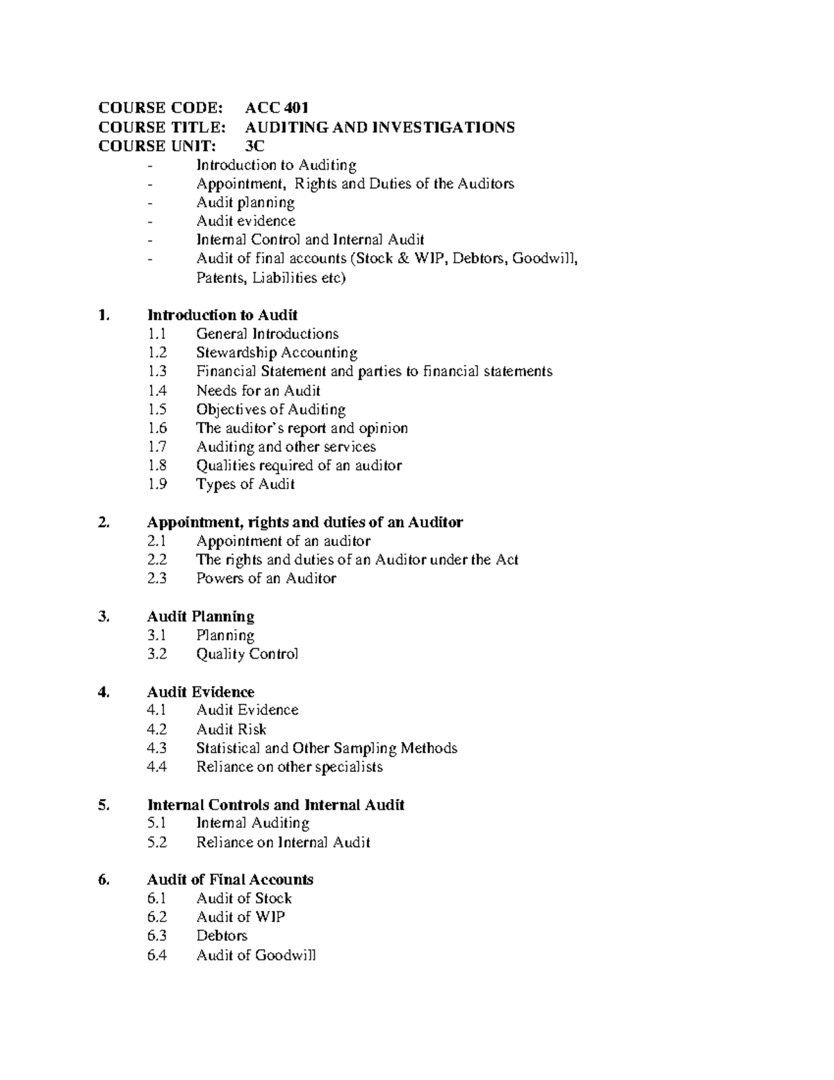 ACC 401 Course Outline - COURSE CODE: ACC 401 COURSE TITLE: AUDITING ...