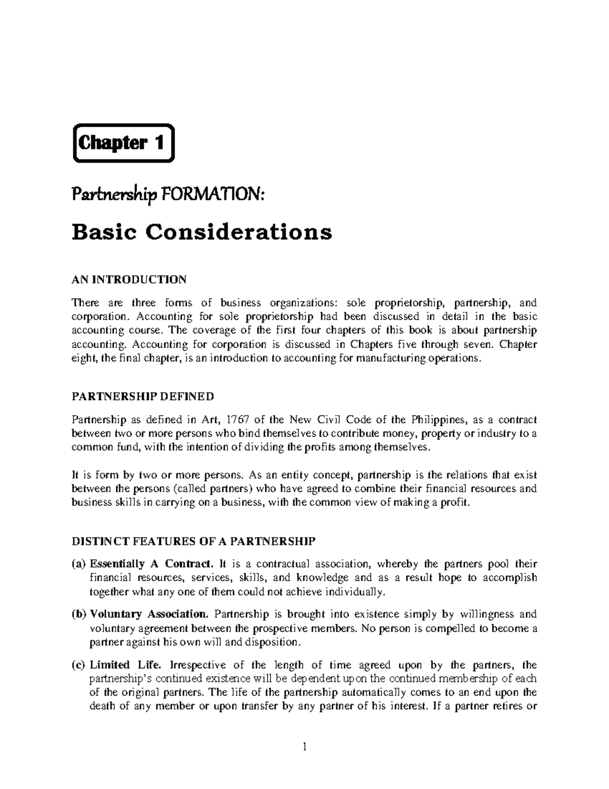 PARTNERSHIP BASIC CONSIDERATION - Chapter 1 Partnership FORMATION ...