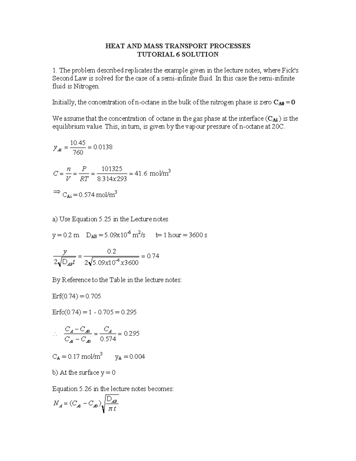 Tutorial-6-Solution - tute 6 solution - HEAT AND MASS TRANSPORT ...