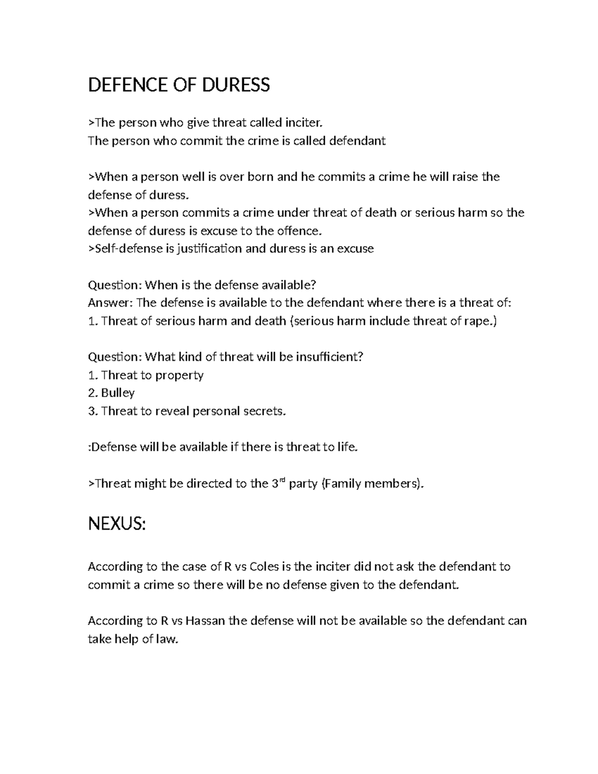 Defence OF Duress( criminal law) - DEFENCE OF DURESS >The person who ...