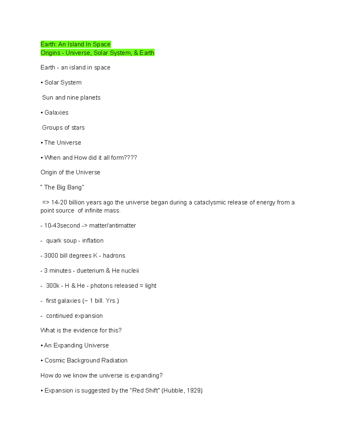 Geology notes - Earth: An Island In Space Origins - Universe, Solar ...