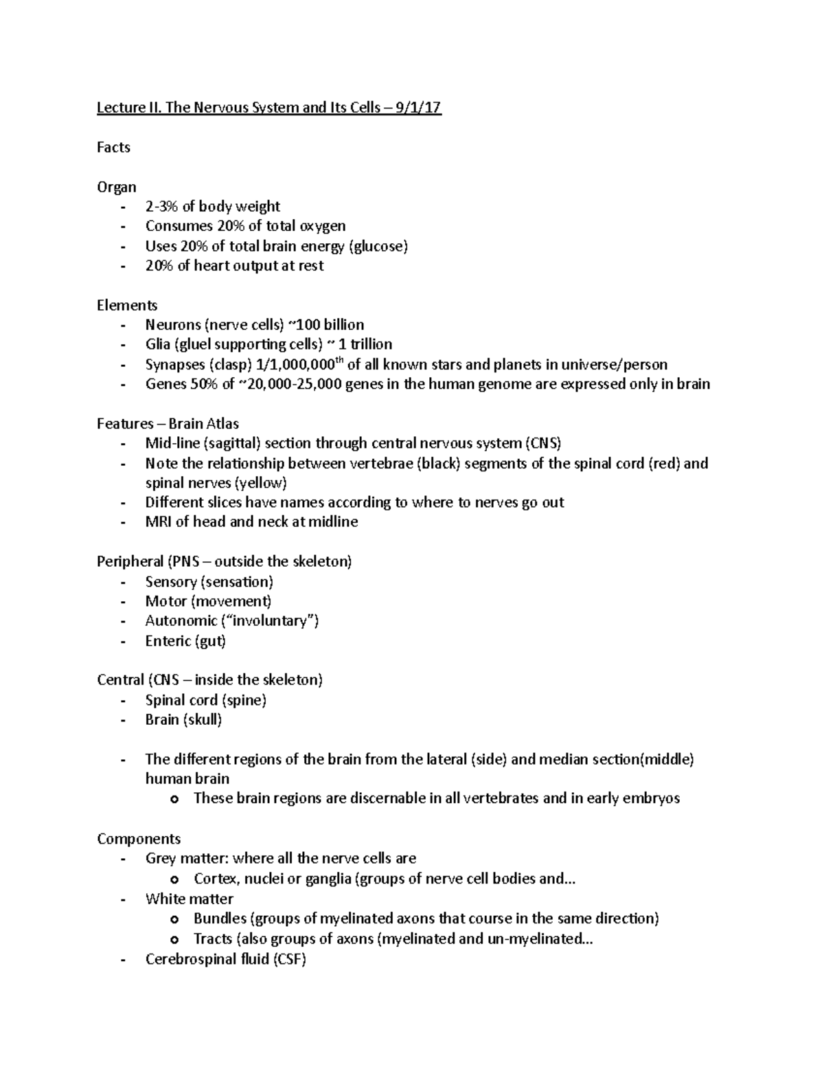 Part I - Part I Lecture Notes - Lecture II. The Nervous System and Its ...