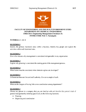 Tut 1 - Engineering management for chemical engineering - EMGCHA3 ...