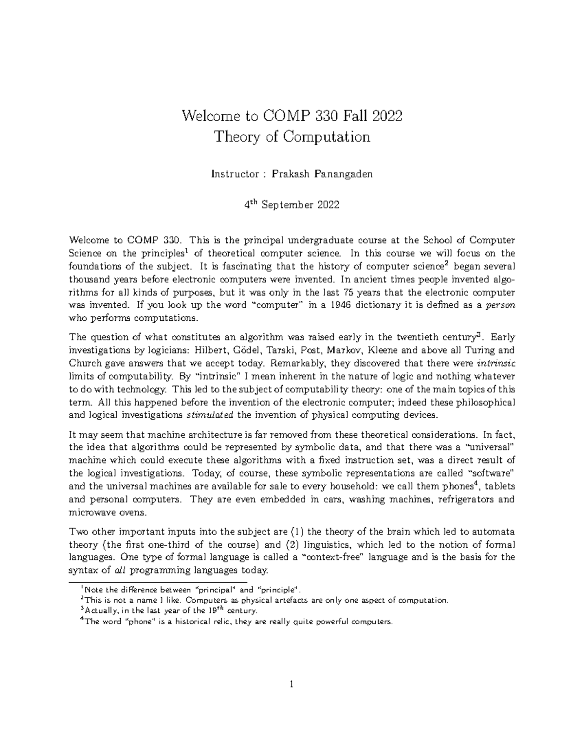 Outline - Welcome to COMP 330 Fall 2022 Theory of Computation ...