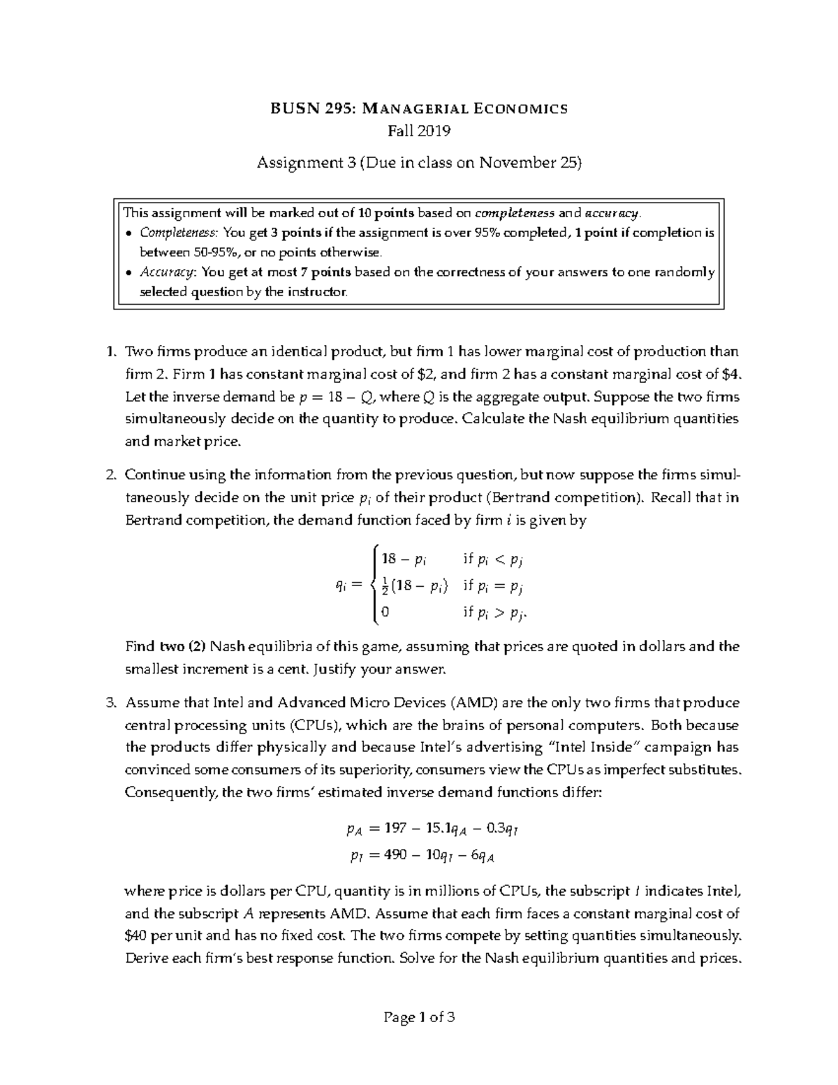 295 a3 blank - Assignment - BUSN 295: MANAGERIALECONOMICS Fall 2019 ...