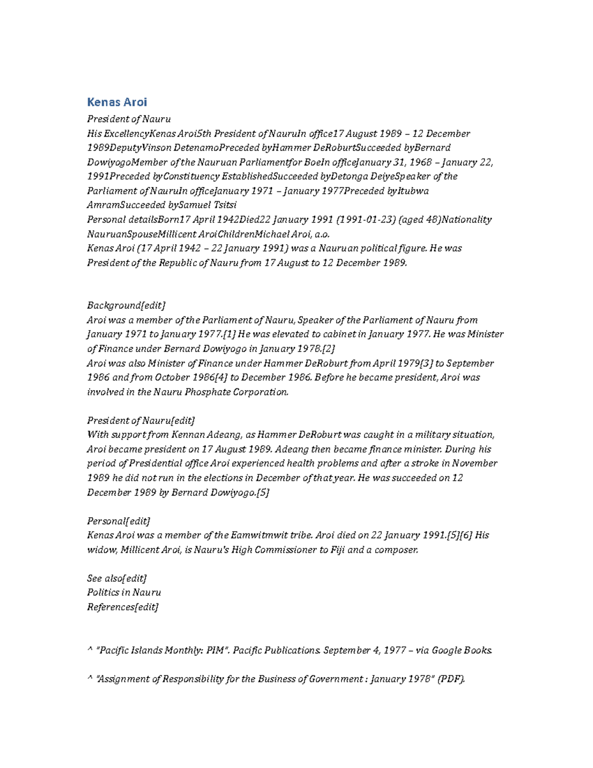File3 - History coursework - Kenas Aroi President of Nauru His ...