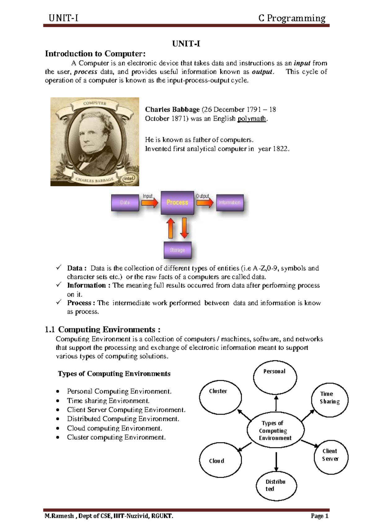 PSTC UNIT-1 - This content is very helpful for CSE - UNIT-I Introduction to Computer: A Computer ...