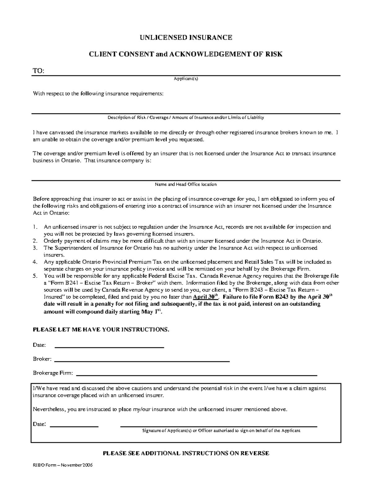 Unlicensed Insurance - PLEASE SEE ADDITIONAL INSTRUCTIONS ON REVERSE ...