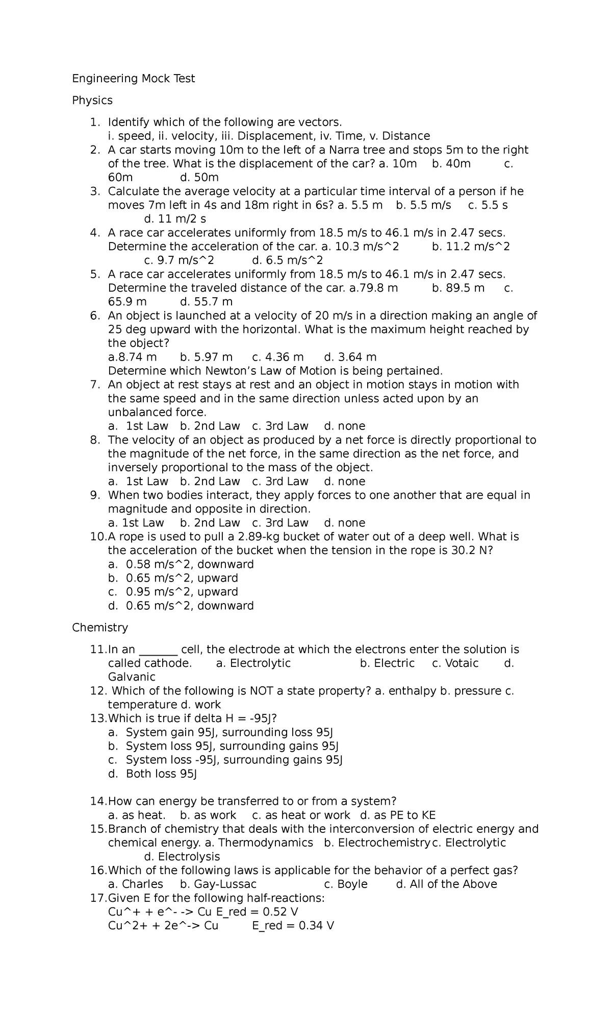 Engineering Mock Test - Engineering Mock Test Physics Identify which of ...
