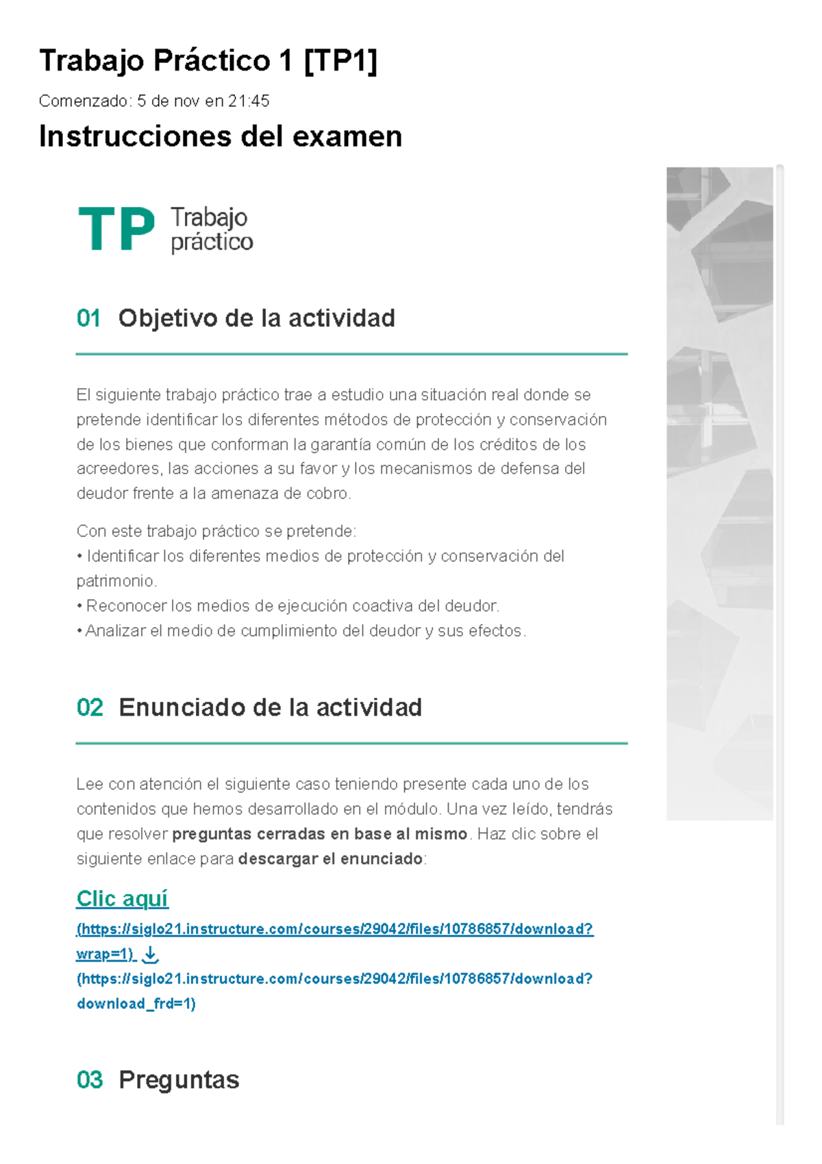 Examen Trabajo Práctico 1 [TP1] Fran patrimonial 100 - Trabajo Práctico 1 [TP1] Comenzado: 5 de ...