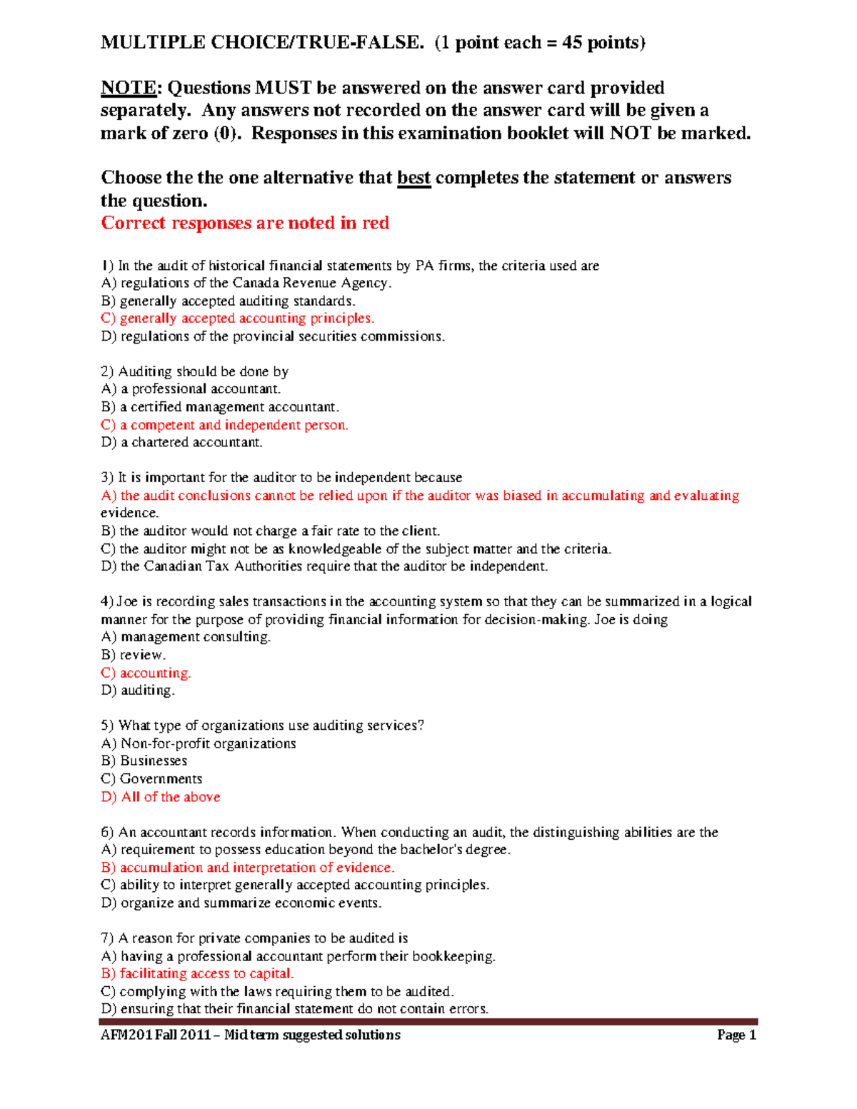 Multiple Choice TRUE- False. (1 point each = 45 points) - MULTIPLE CHOICE/TRUE-FALSE. (1 point ...