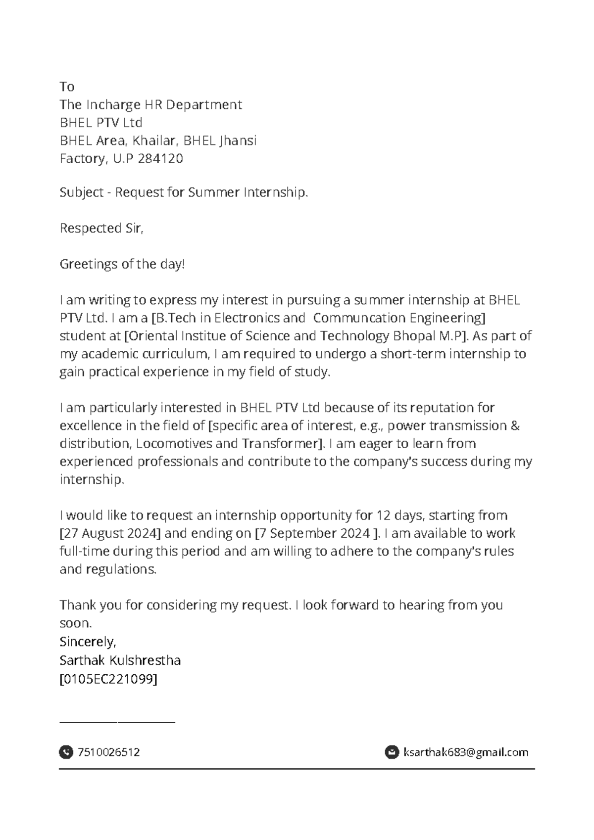 Sarthak internship letter - To The Incharge HR Department BHEL PTV Ltd ...