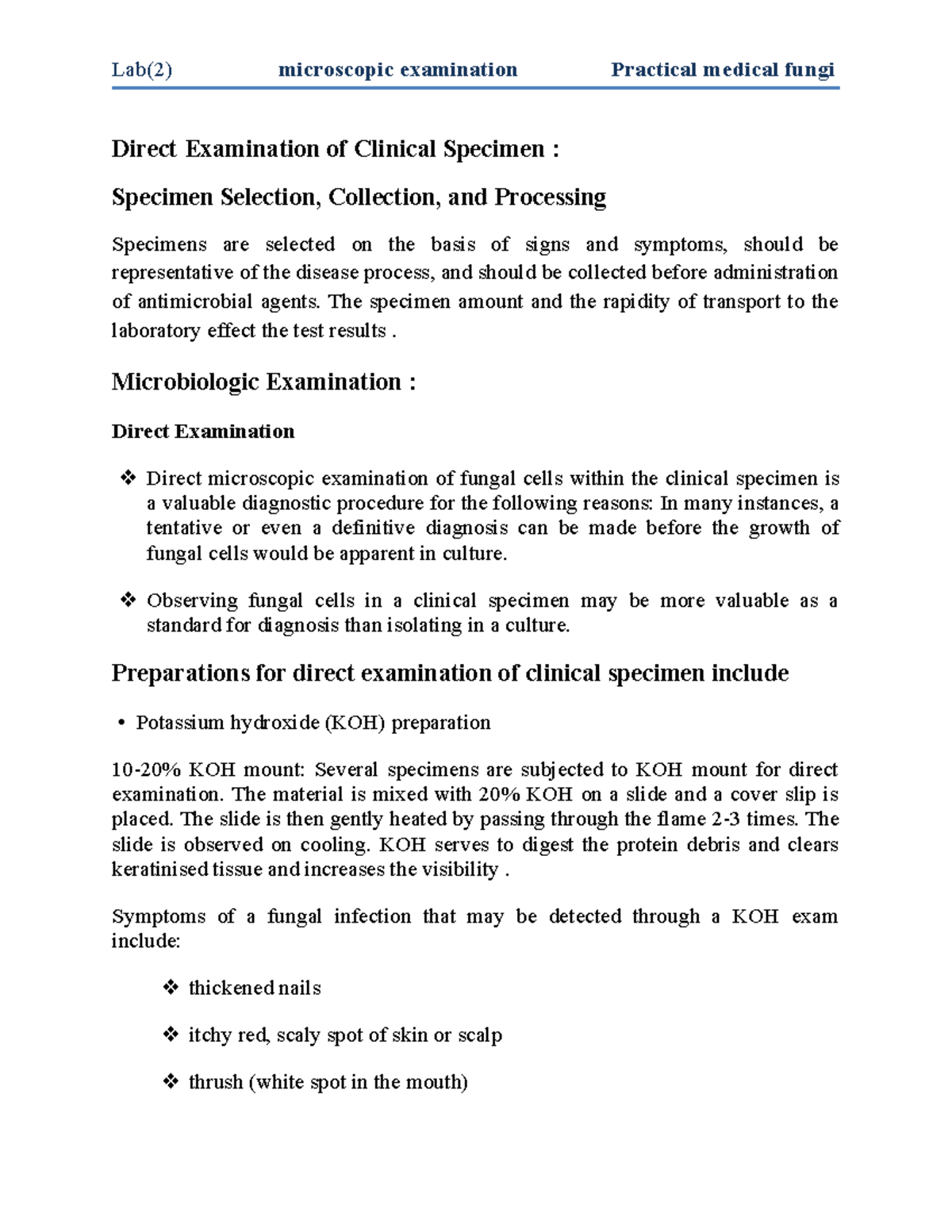Direct Examination of Clinical Specimen - The specimen amount and the ...