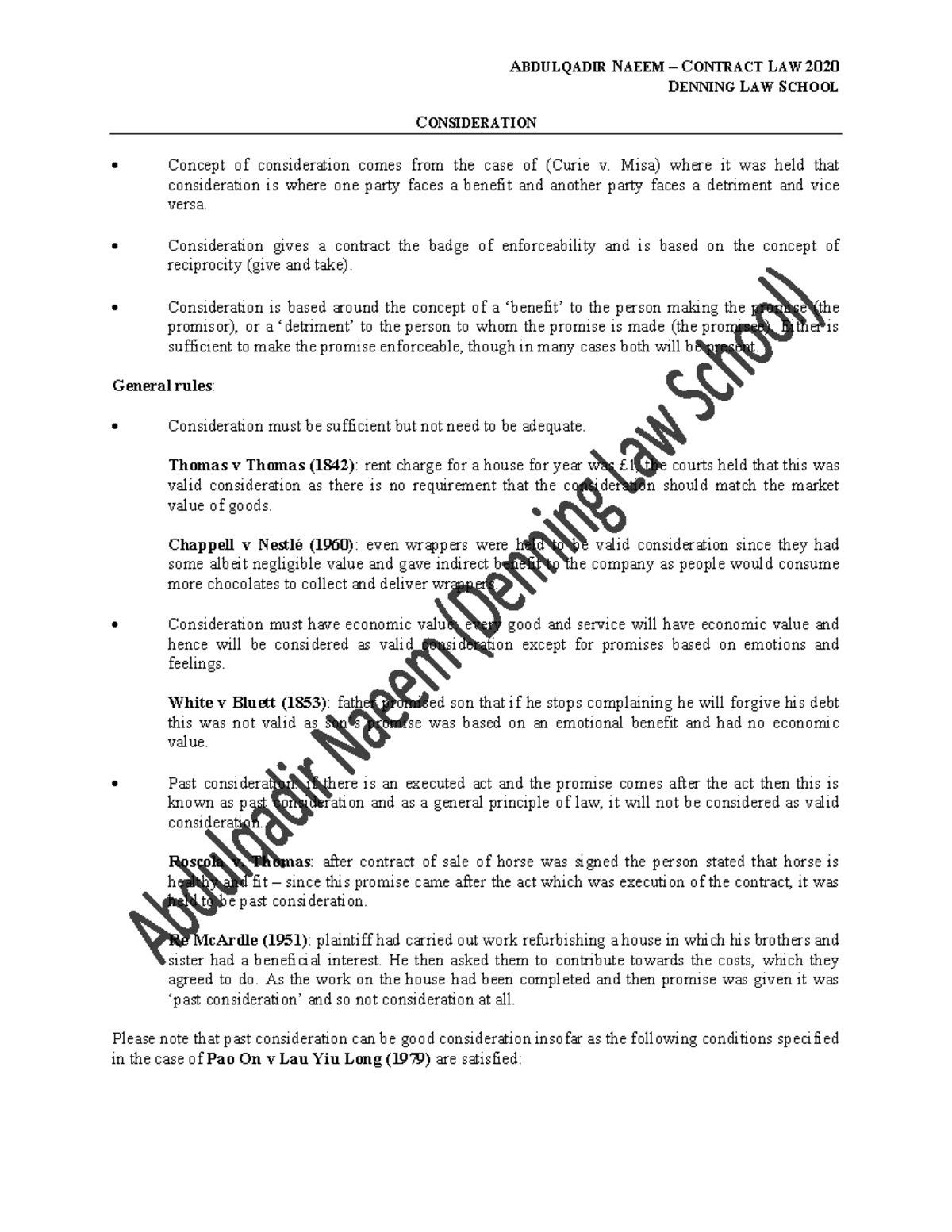 Contract Law Lecture 3 Consideration - ABDULQADIR NAEEM – CONTRACT LAW 2020 DENNING LAW SCHOOL ...