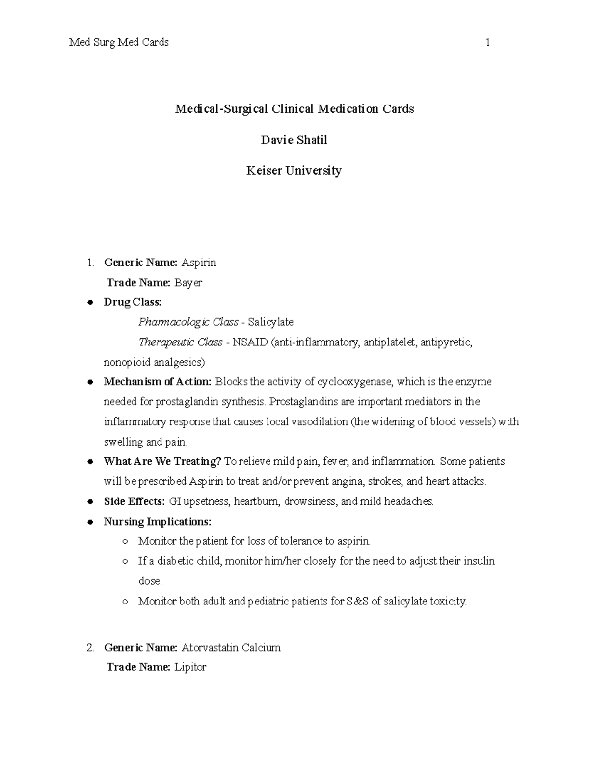 Week 1 Clinical Medical-Surgical Medication Cards - Medical-Surgical ...