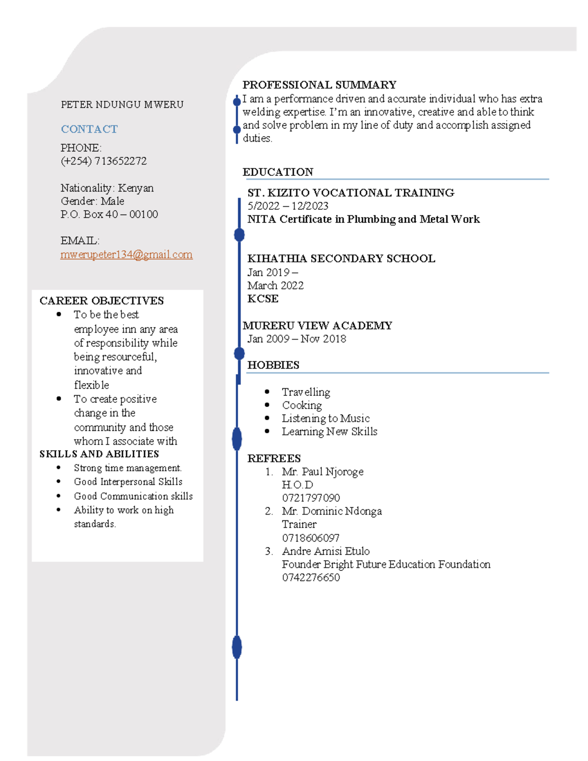 Peter CV - None - PETER NDUNGU MWERU CONTACT PHONE: (+254) 713652272 ...
