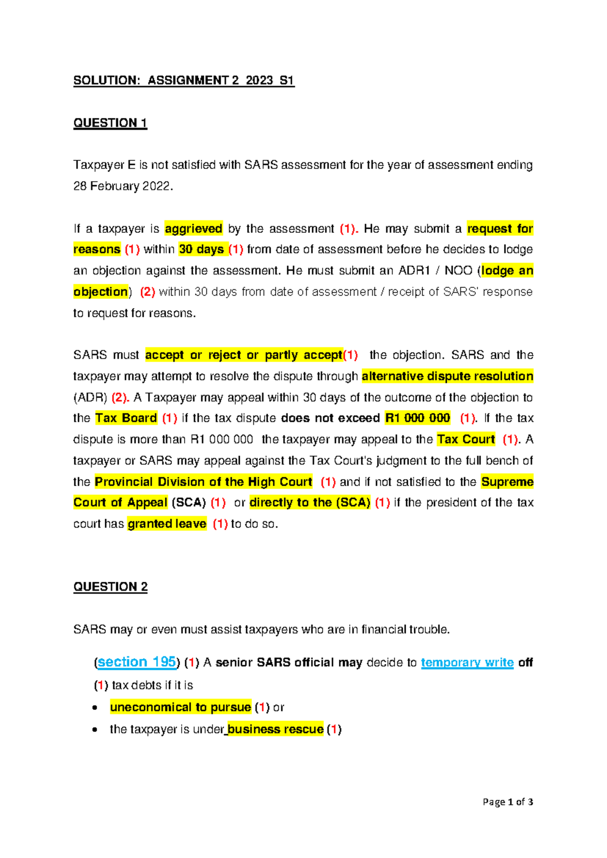 1st Ass.2 Answer 2023 - Page 1 of 3 SOLUTION: ASSIGNMENT 2 2023_S QUESTION 1 Taxpayer E is not ...