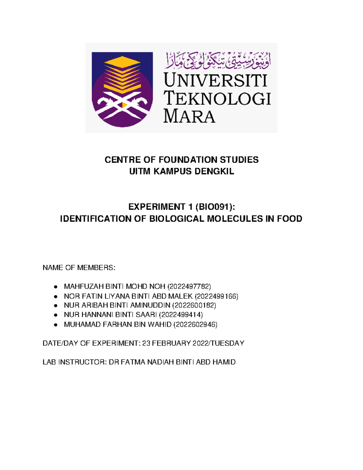 LAB Report BIO091 S44 Group 5 - CENTRE OF FOUNDATION STUDIES UITM KAMPUS DENGKIL EXPERIMENT 1 ...