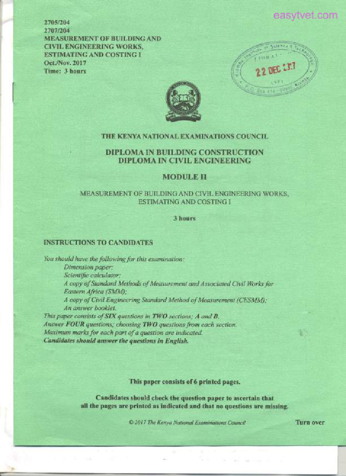 2017 nov - Btech - easytvet MEASUREMENT OF BUILDING AND CIVIL ...