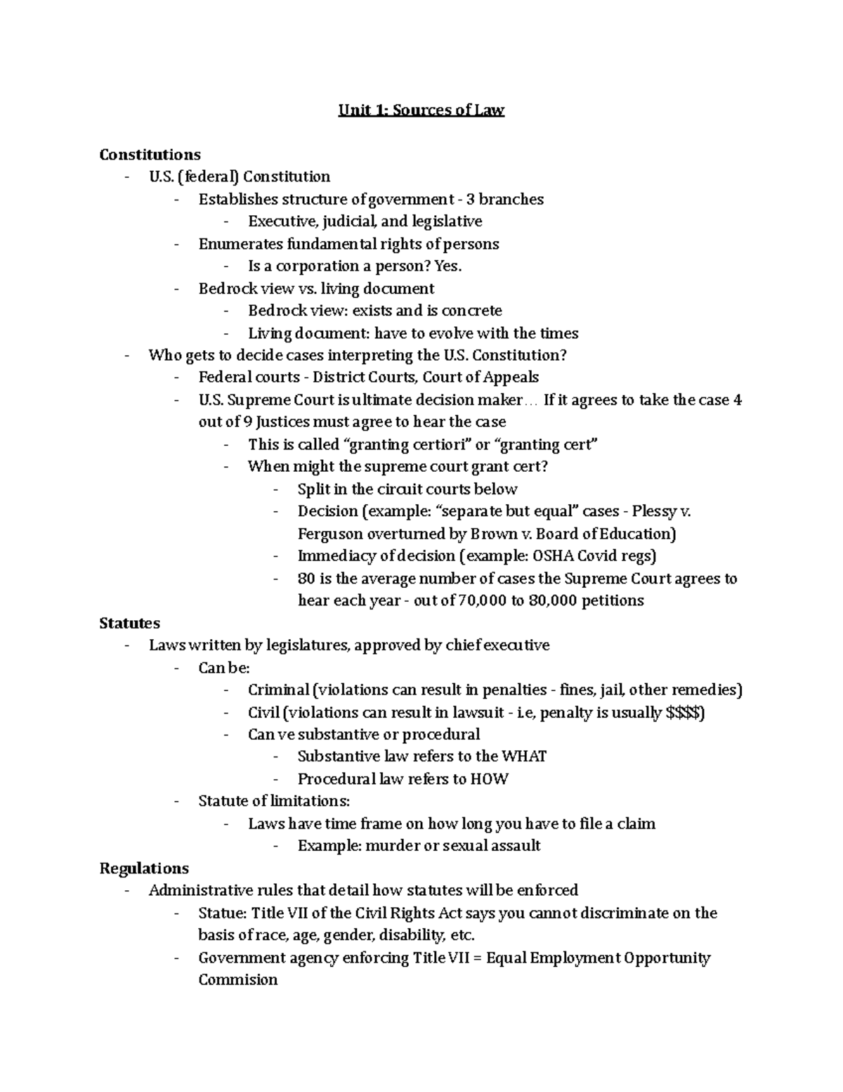 Business Law Unit 1 - Unit 1: Sources of Law Constitutions - U ...