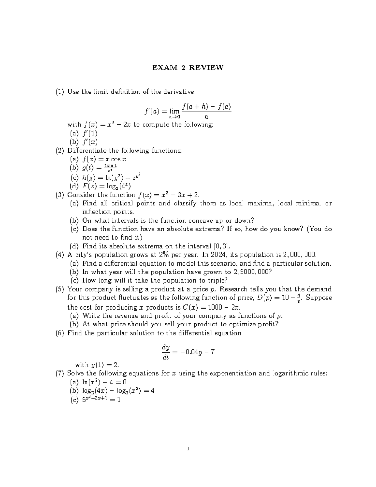 Exam 2 Review - EXAM 2 REVIEW (1) Use the limit definition of the ...