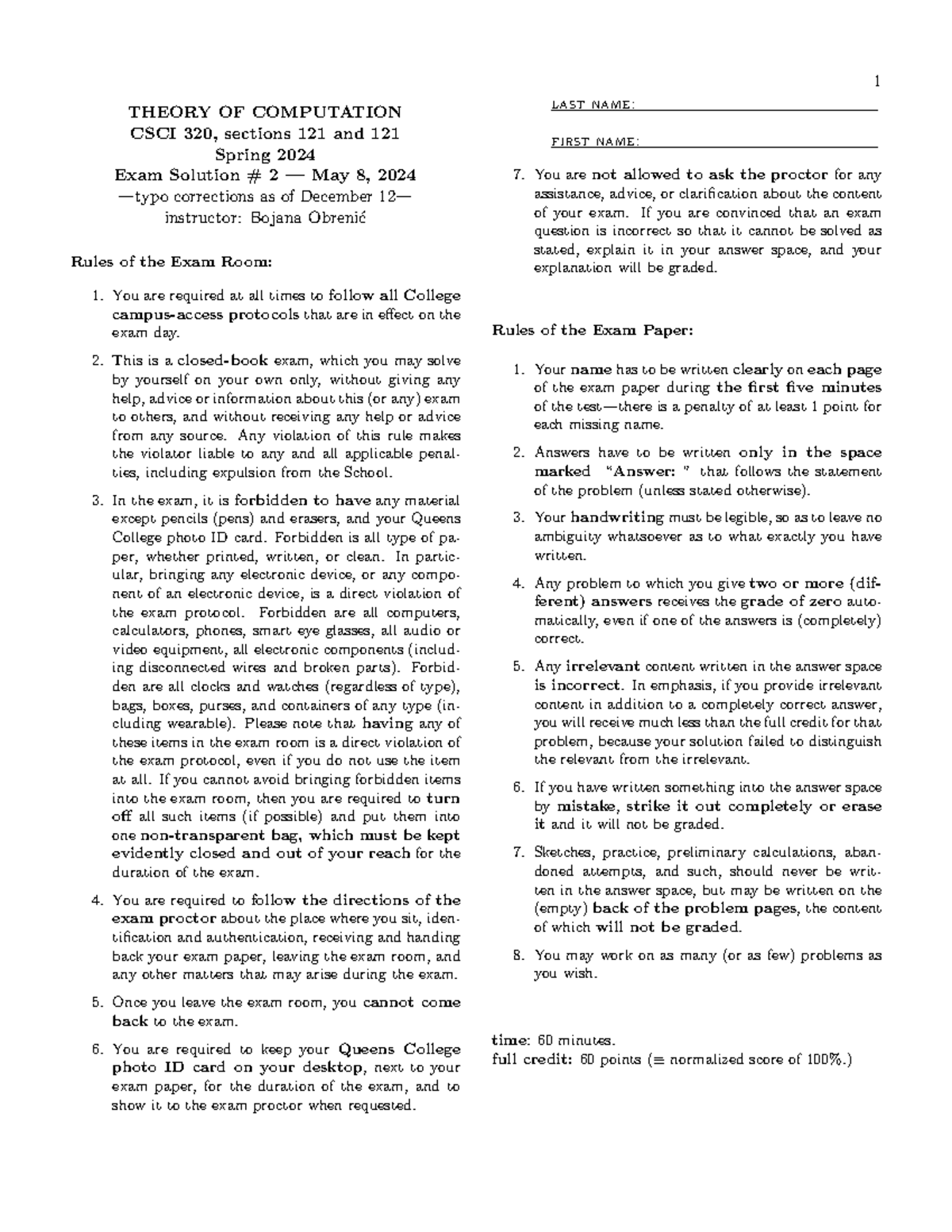 Solution-Exam-2 - THEORY OF COMPUTATION CSCI 320, sections 121 and 121 Spring 2024 Exam Solution ...