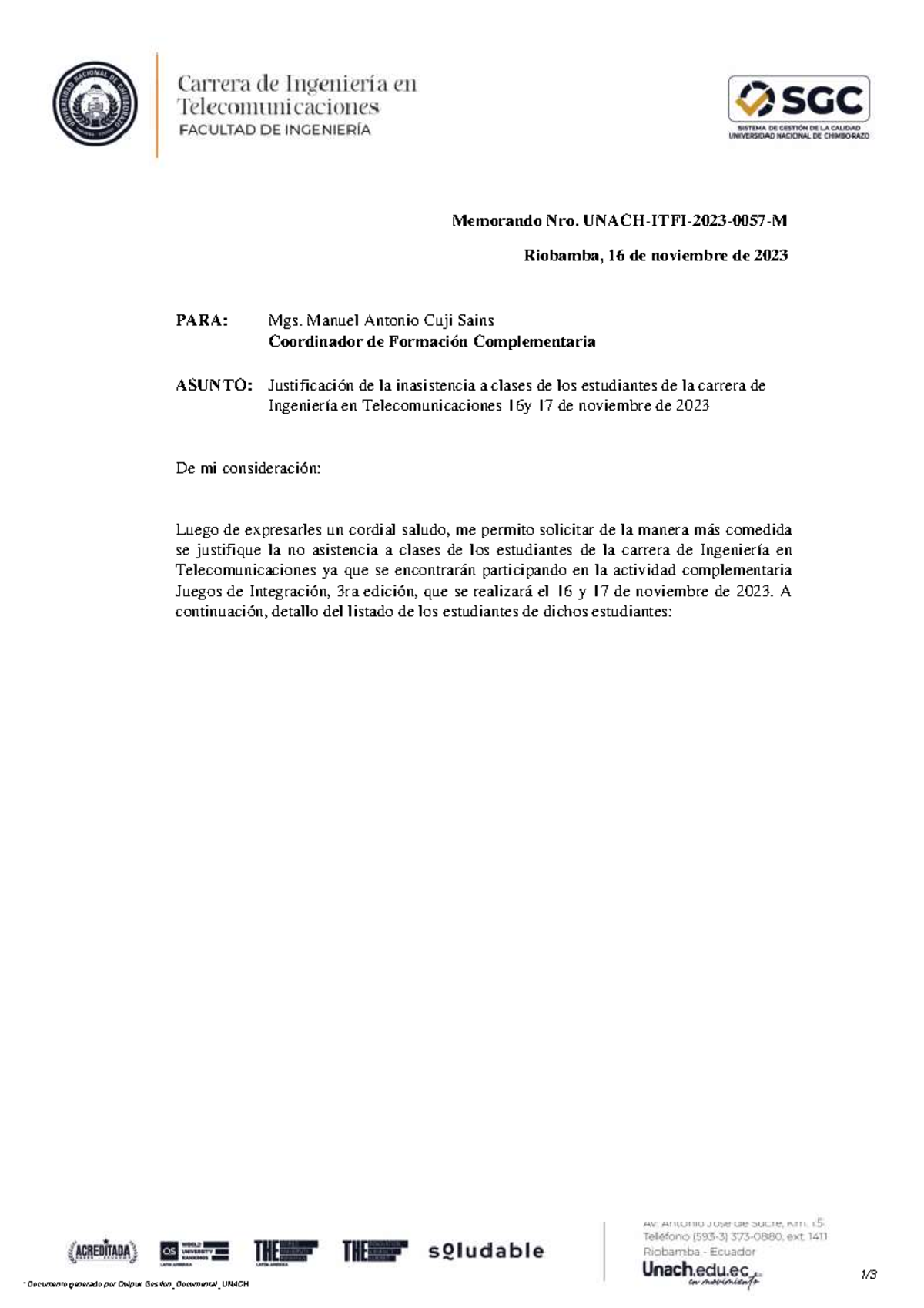 Unach ITFI 2023 0057 M - Hola - Memorando Nro. UNACH-ITFI-2023-0057-M ...