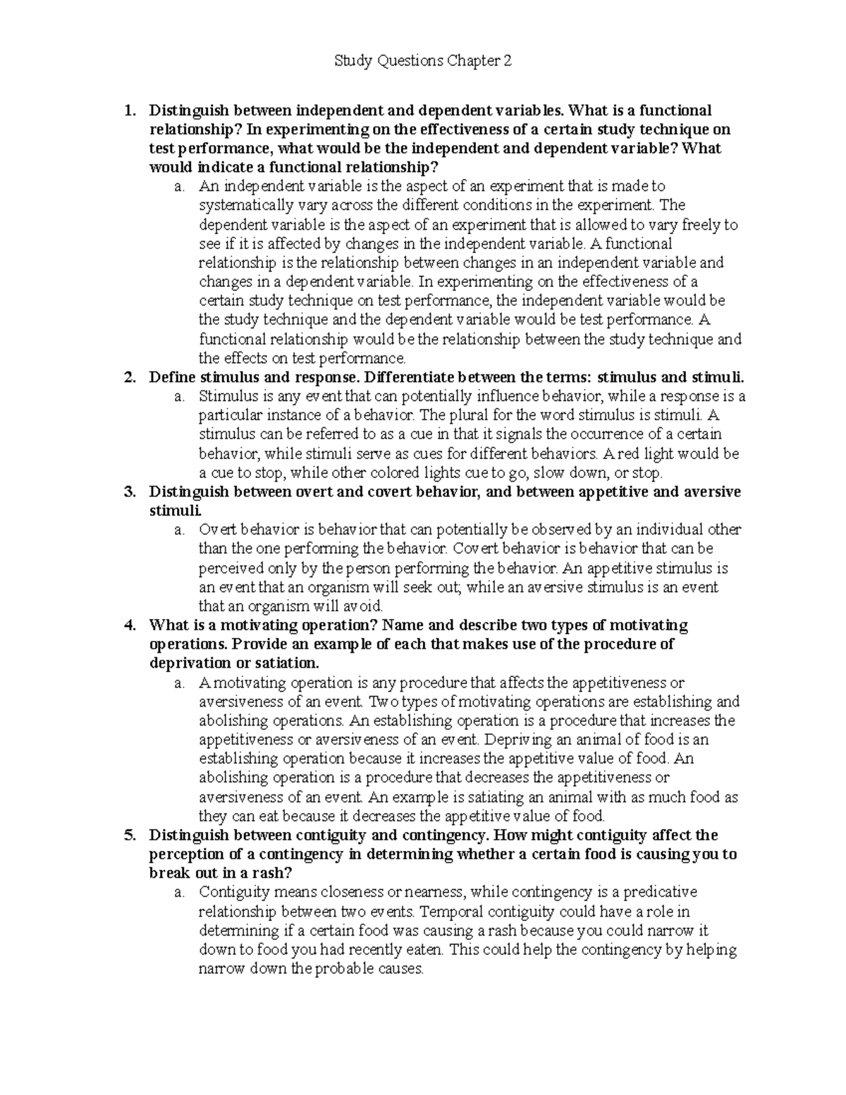 Study Questions Chapter 2: Variables Stimulus and Response Motivating Operations Contiguity ...