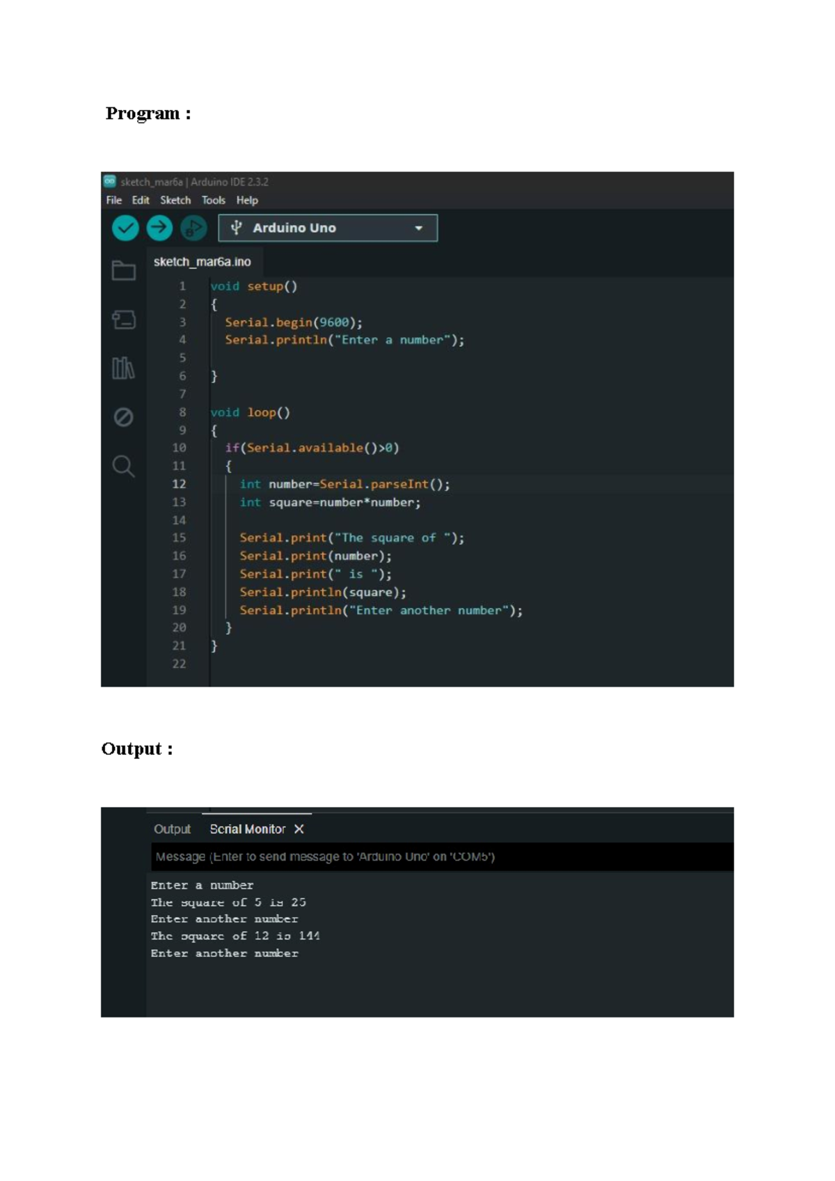 IOT 8th Practical - dhd - Program : sketch_mar6a Arduino IDE 2.3 File Edit Sketch Tools Help ...
