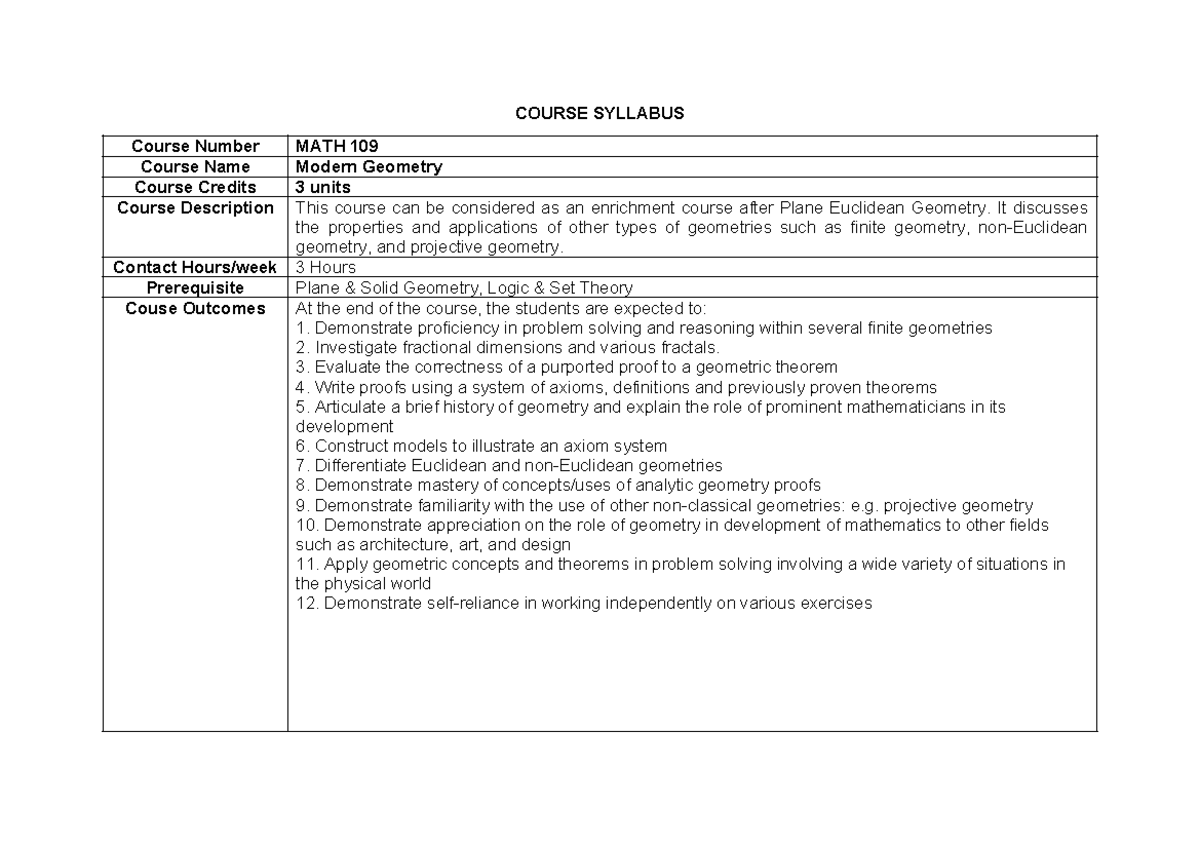 MODERN GEOMETRY - ACTIVITY NO. 1 - COURSE SYLLABUS Course Number MATH ...