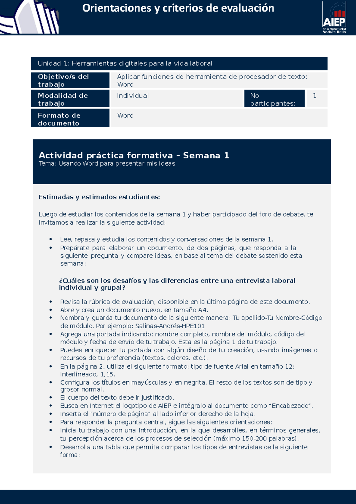 Actividad Formativa Semana 1 - Orientaciones y criterios de evaluación Unidad 1: Herramientas ...